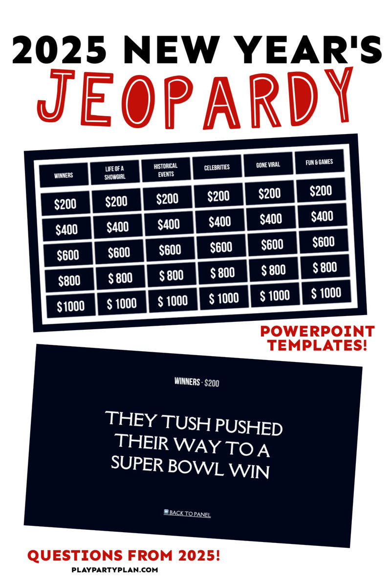 2025 New Year's Eve Jeopardy (with PowerPoint Templates) – Play Party Plan